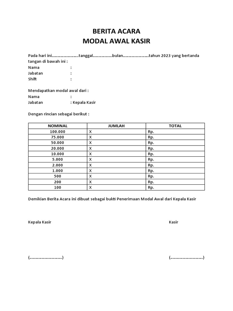 Berita Acara Modal & Penjualan Kasir | PDF