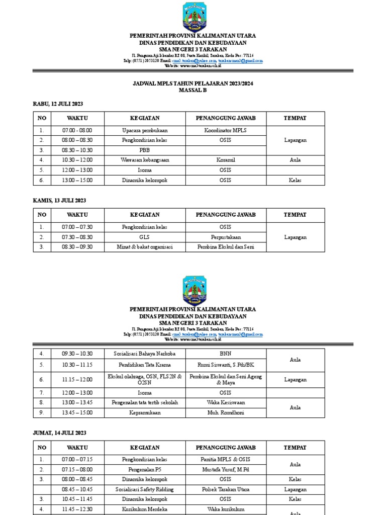 Jadwal Mpls Tahun Pelajaran 2023 Massal B | PDF