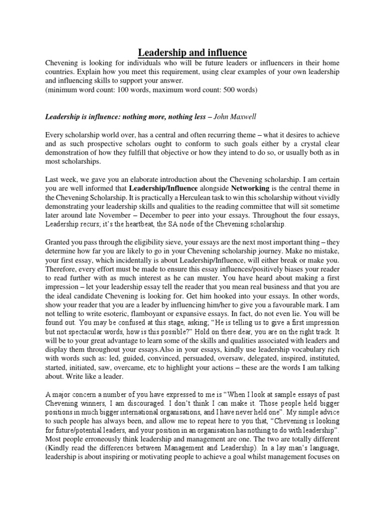 Chevening (ALL FOUR) Essays | Download Free PDF | Leadership | Sales