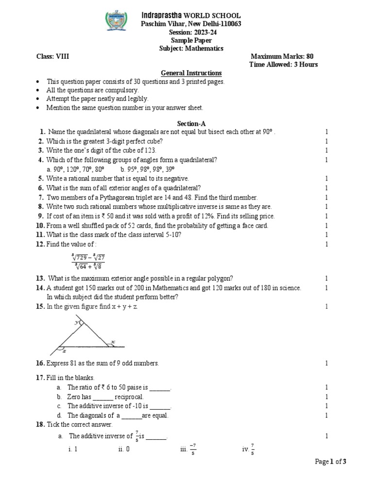 VIII Maths Sample Paper | PDF