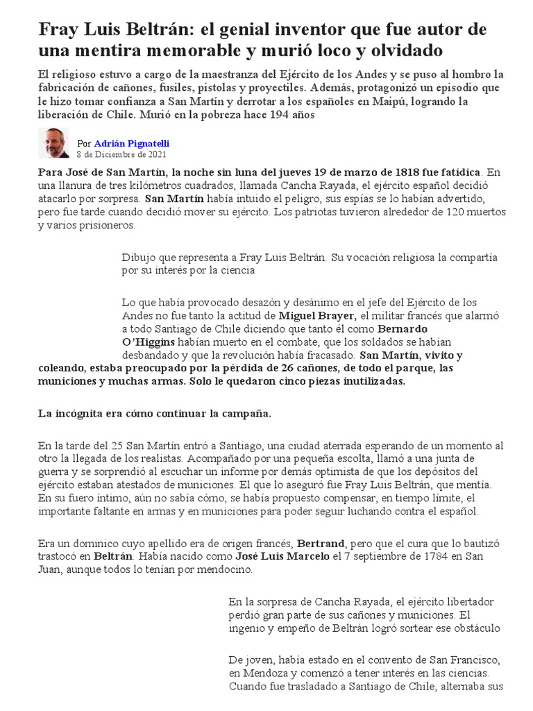Fray Luis Beltrán el genial inventor que fue autor de una mentira memorable y murió loco y ...