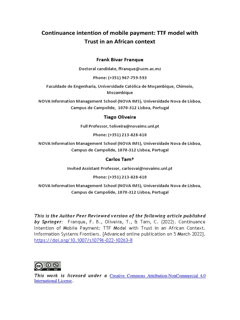 Continuance Intention Of Mobile Paymentttf Model With Trust In An African Context Pdf Computers