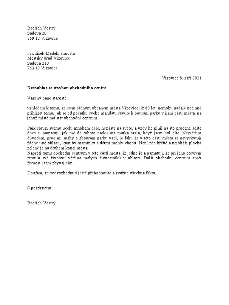 ÚŘEDNÍ DOPIS - PŘÍKLADY | PDF