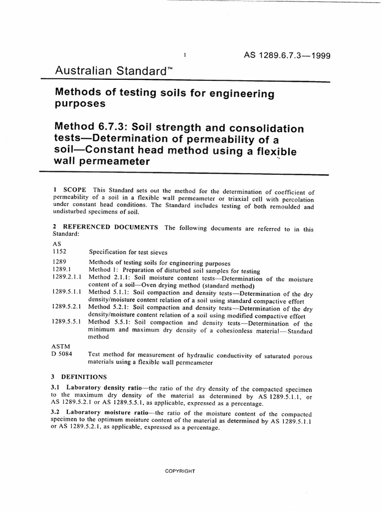 AS 1289.6.7.3-1999 Methods of Testing Soils - Constant Head Method ...
