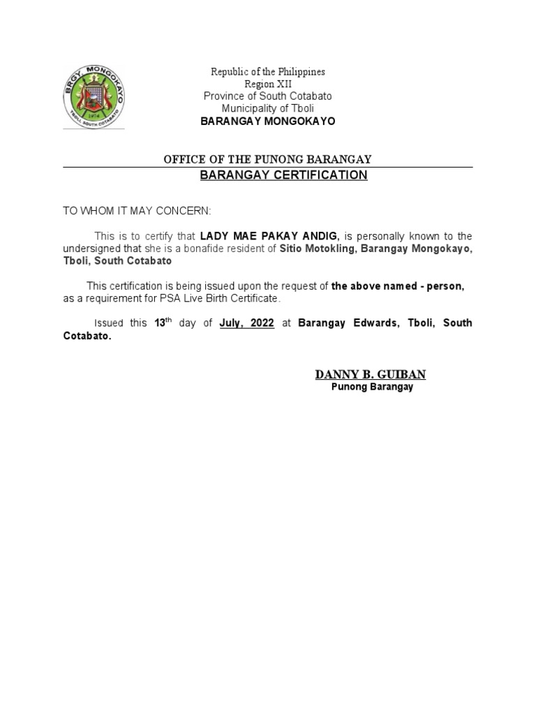 Certification - Brgy. Mongokayo | PDF