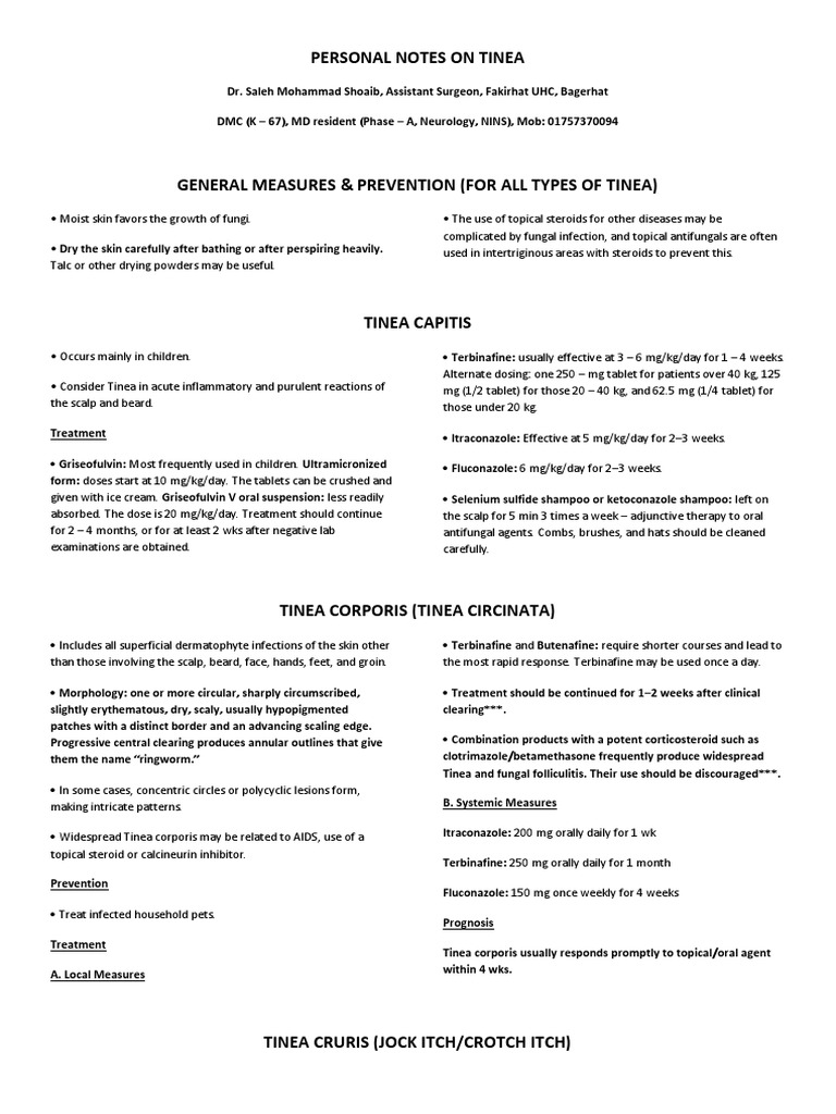 Personal Notes On Tinea | PDF | Clinical Medicine | Medical Specialties