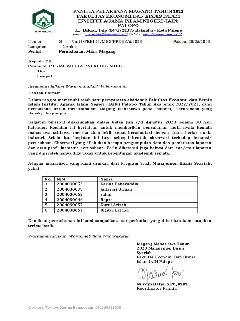 PT. JAS MULIA PALM OIL MILL - Surat Ke Mitra Magang | PDF | Bisnis