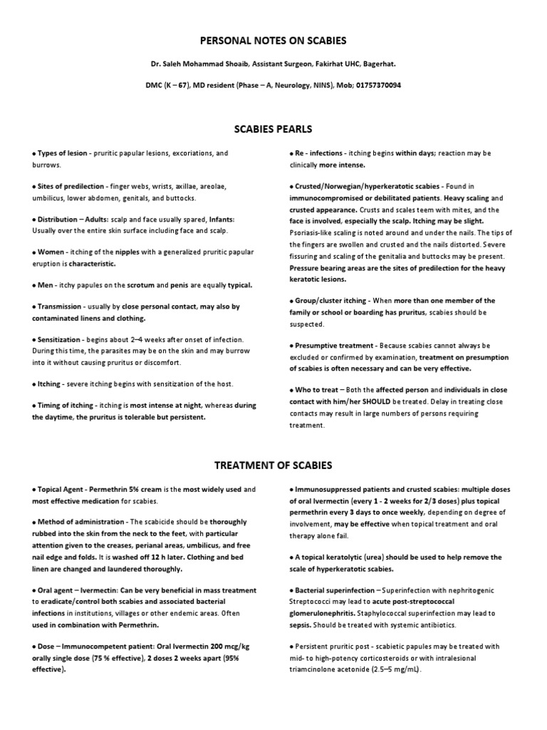 Personal Notes On Scabies Illustrated | PDF | Microbiology | Dermatology