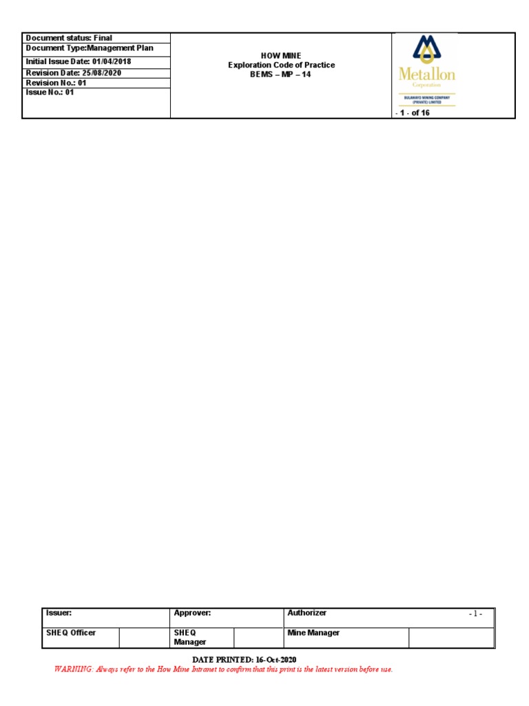 BEMS-MP-14 Exploration Code of Practice | PDF