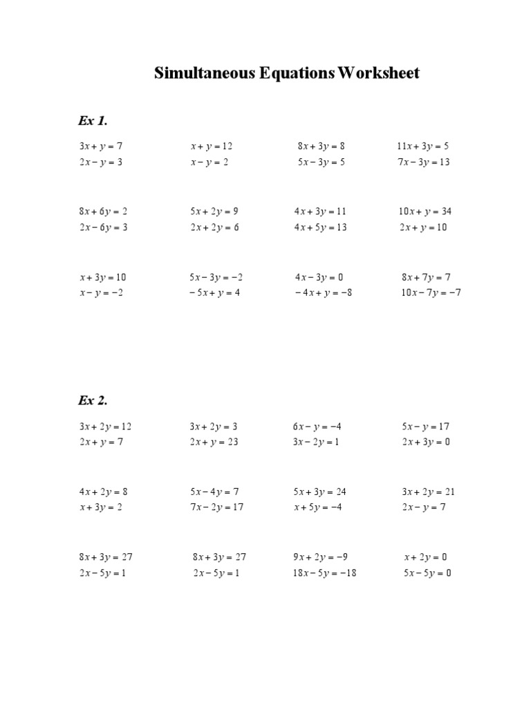 Simultaneous Equations Worksheet | PDF