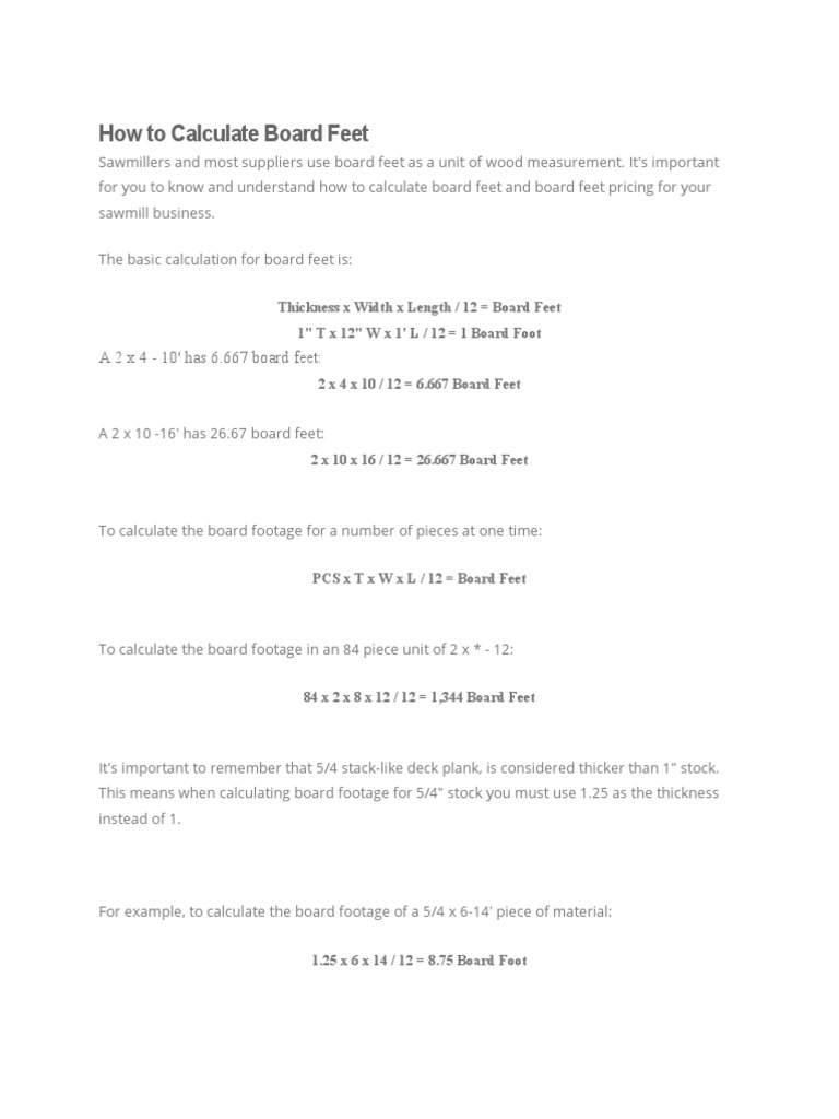 Formula For Calculating Board Feet