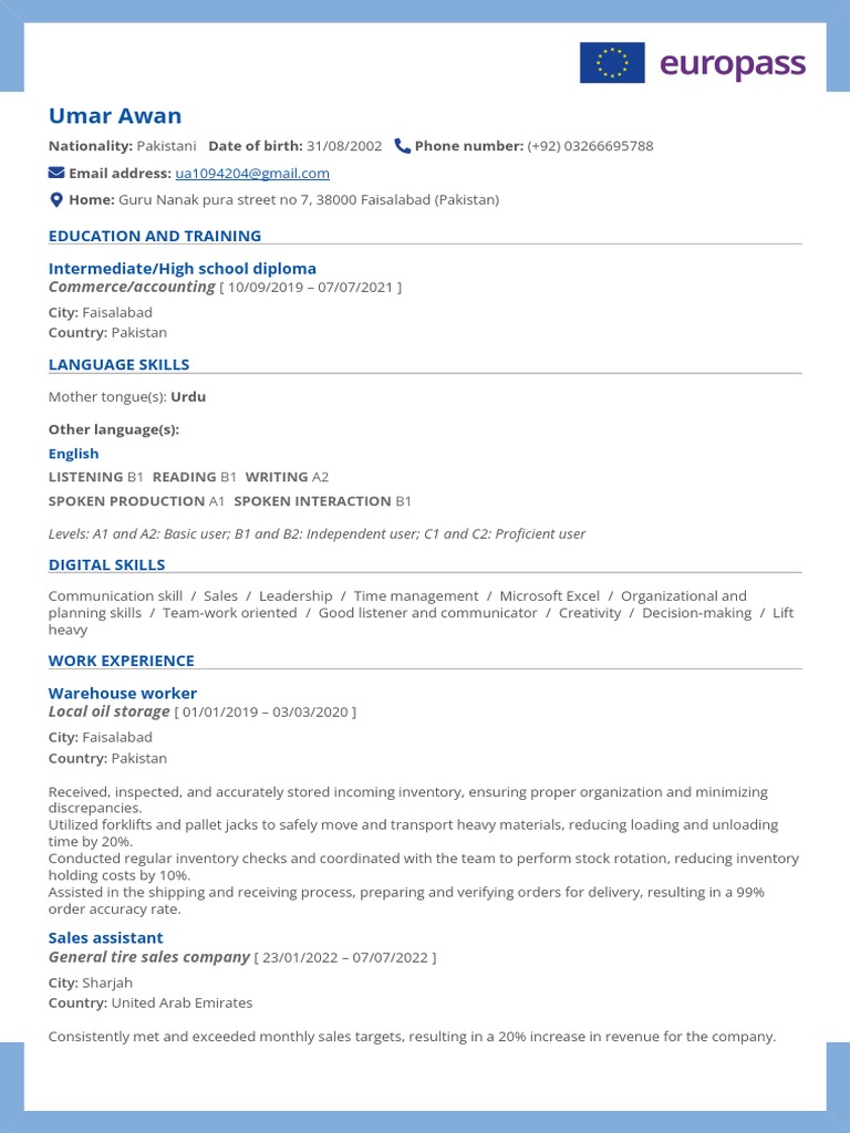 CV - Umar Awan - Euro | PDF | Inventory | Sales