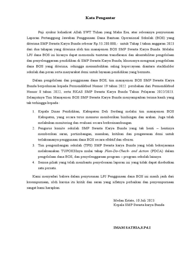 Kata Pengantar LPJ BOS SMP | PDF