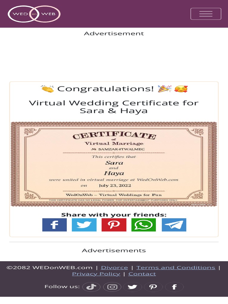 Marriage Certificate - Virtual Weddings for Fun by WEDonWEB | PDF