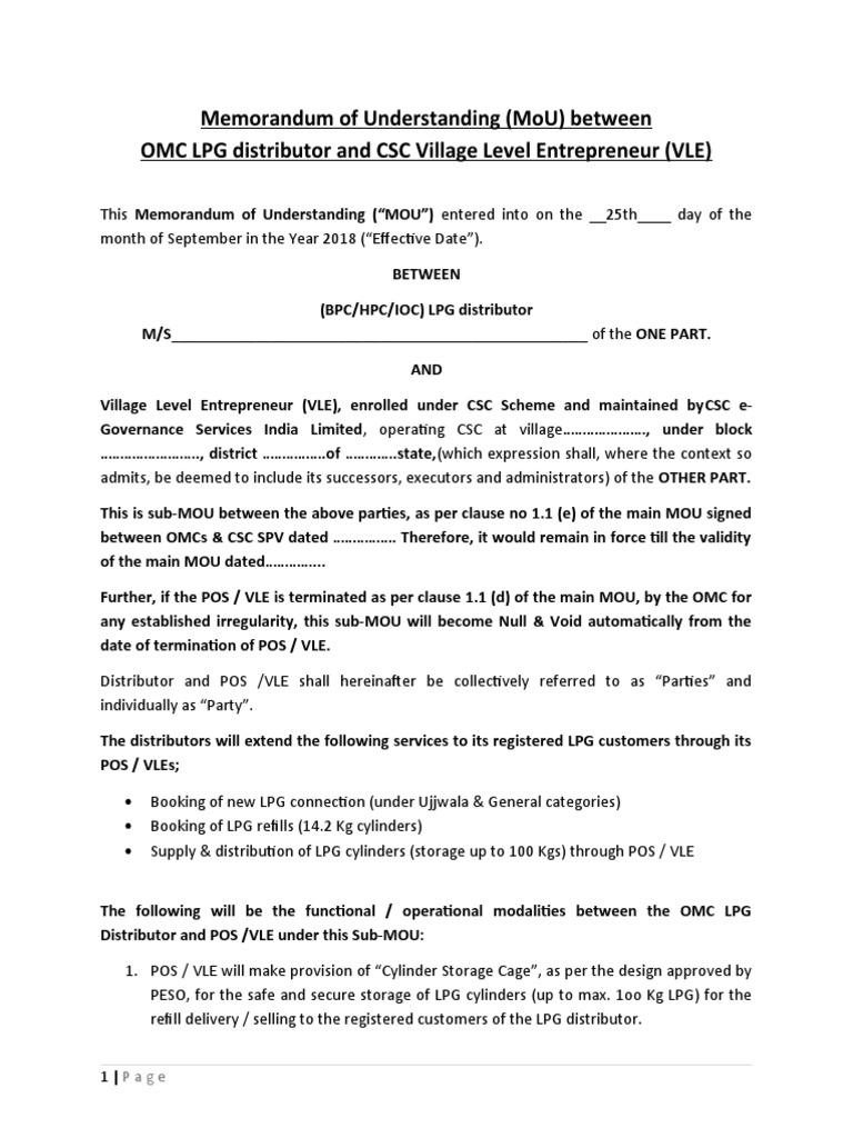 Sample of MOU Between CSC VLE and Distributor | PDF