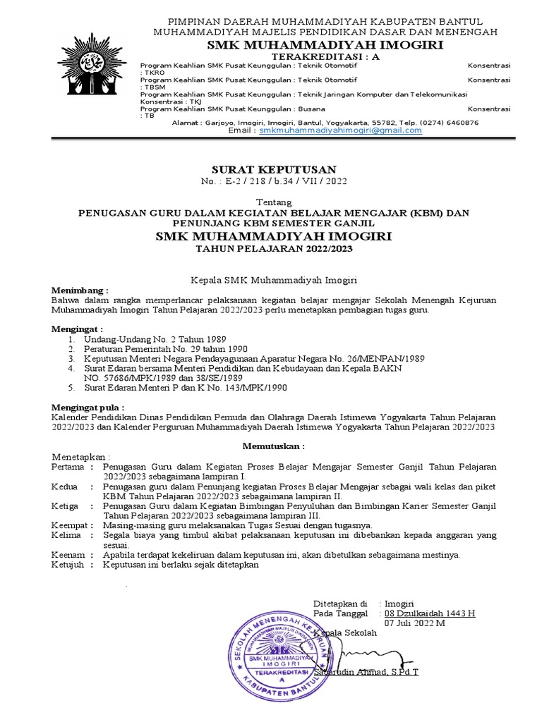 Penugasan Guru SMK Imogiri 2022/2023 | PDF