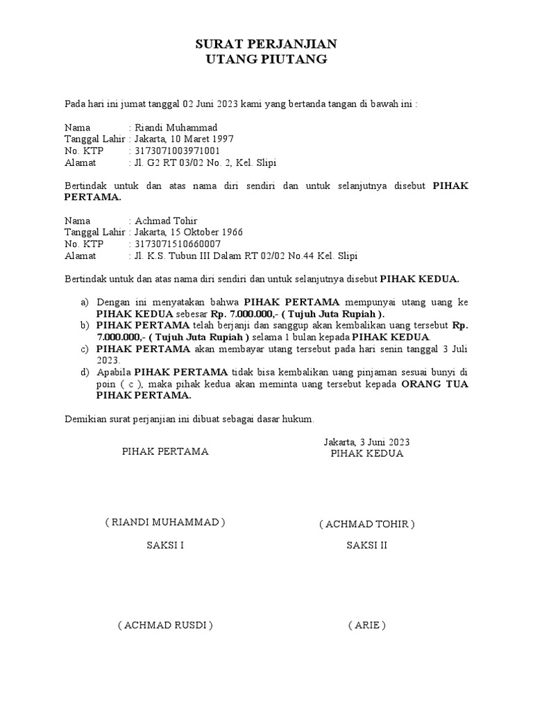 Surat Perjanjian Utang | PDF