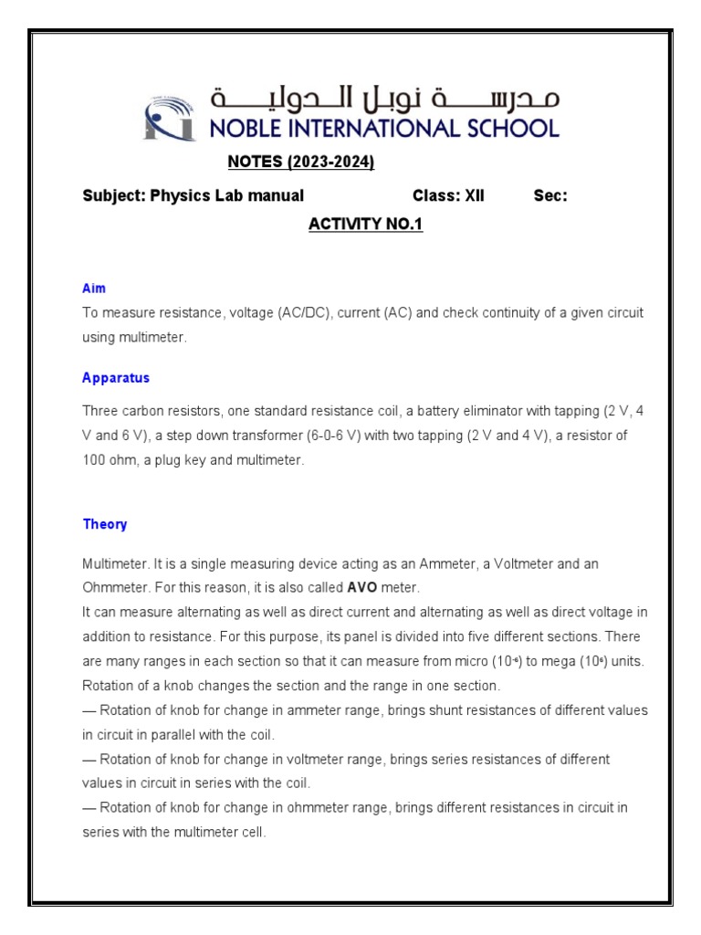 NOTES (2023-2024) Subject: Physics Lab Manual Class: Xii Sec: Activity ...