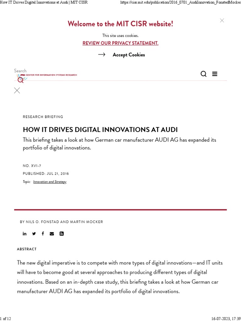 How IT Drives Digital Innovations at Audi MIT CISR | PDF ...