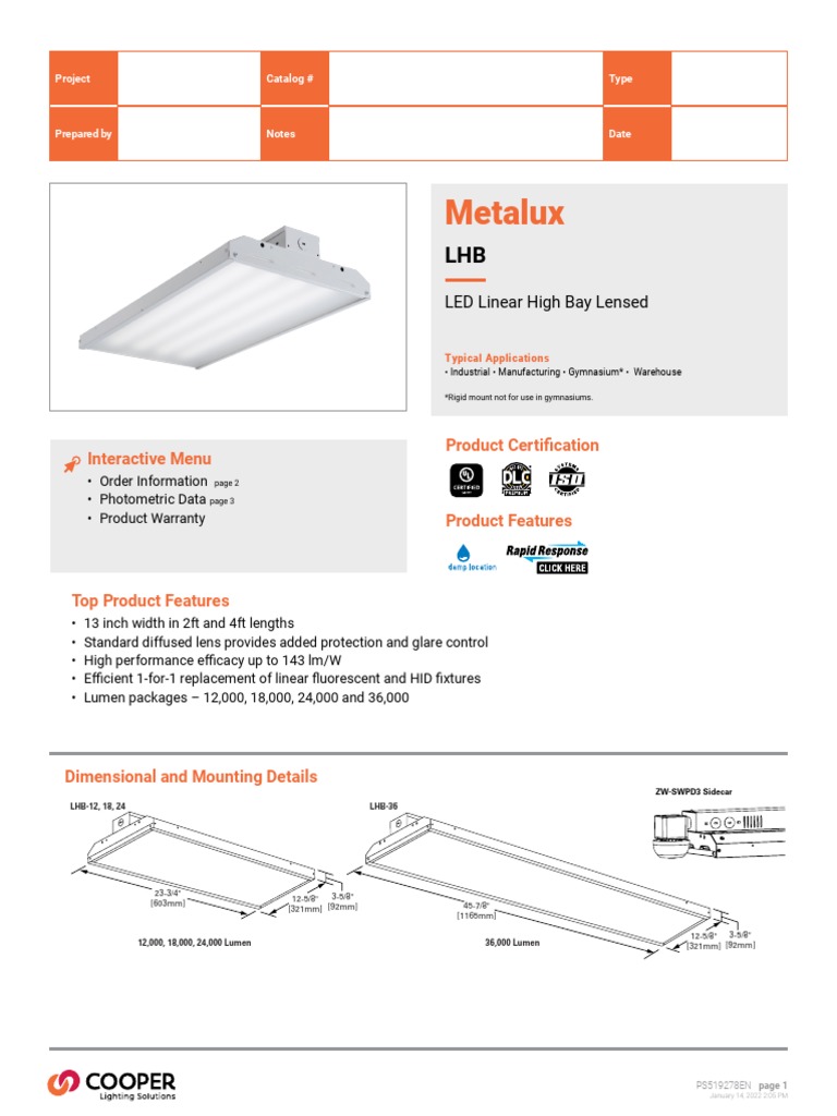 Metalux LHB Led High Bay Specsheet - LHB 12 Unv l840 CD U | PDF | Light ...
