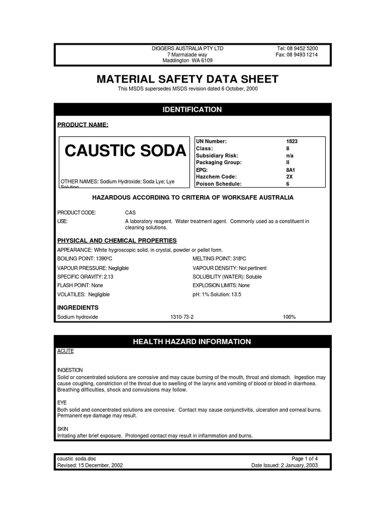 Caustic Soda MSDS | PDF | Sodium Hydroxide | Physical Sciences