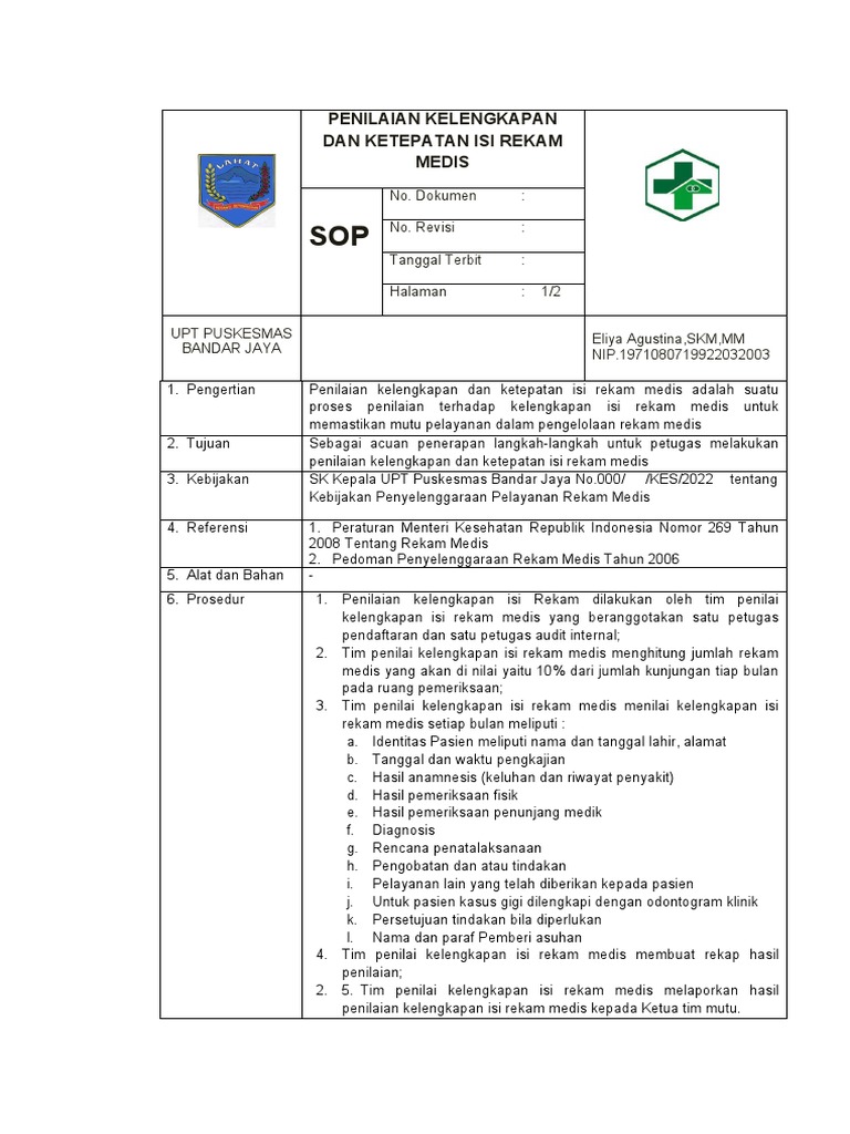 SOP Penilain Kelengkapan Dan Ketepatan Isi RM | PDF