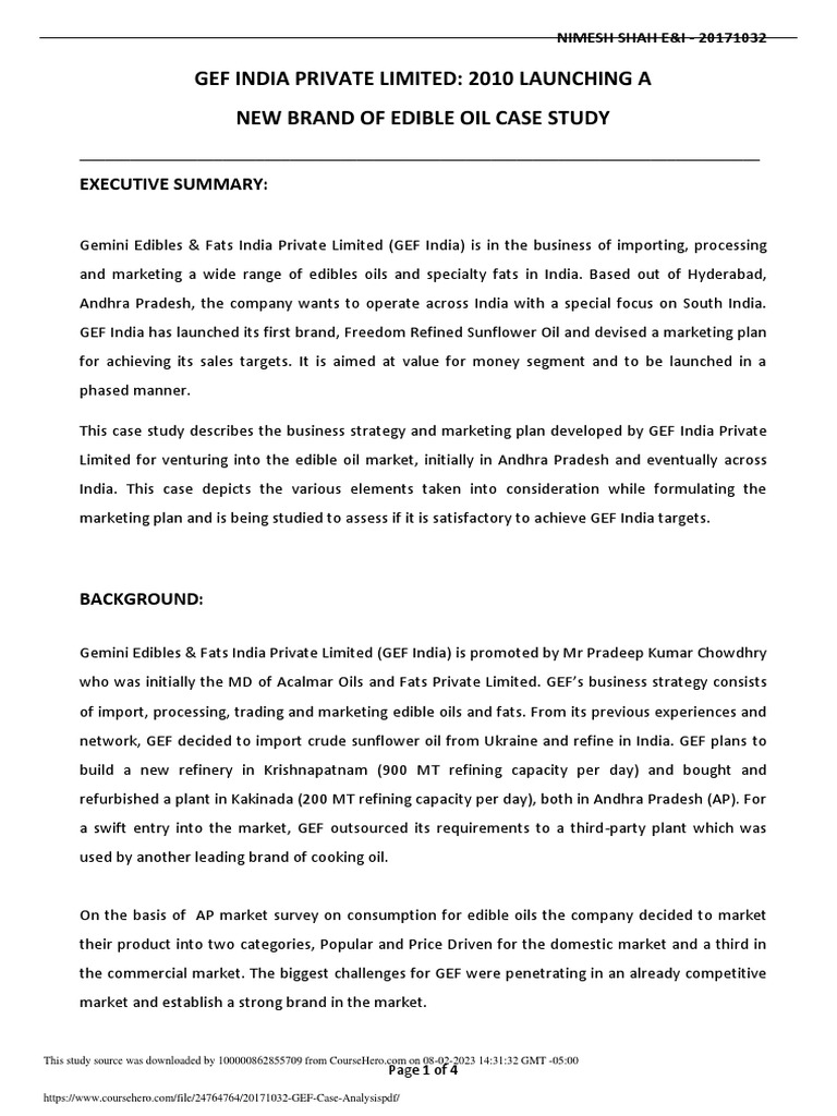 Gef India Private Limited: 2010 Launching A New Brand of Edible Oil Case Study | PDF | Brand ...