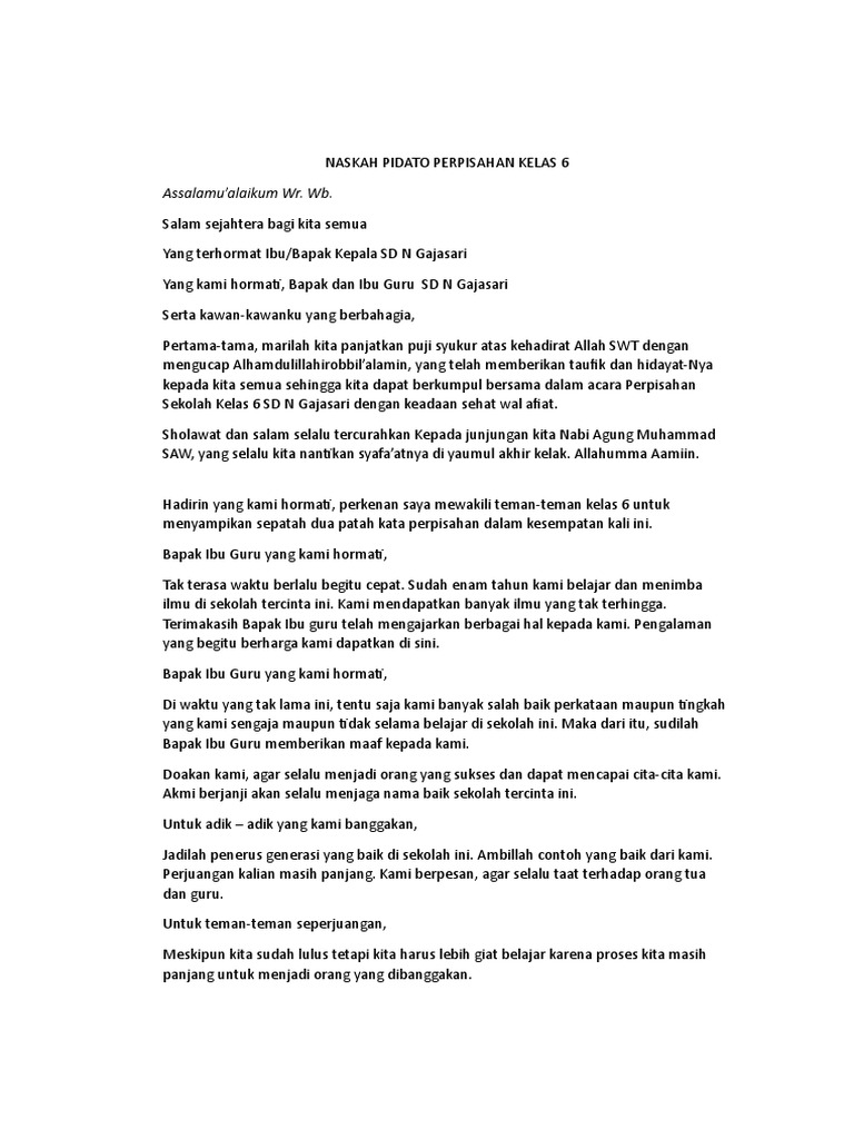 Naskah Pidato Perpisahan Kelas 6 | PDF