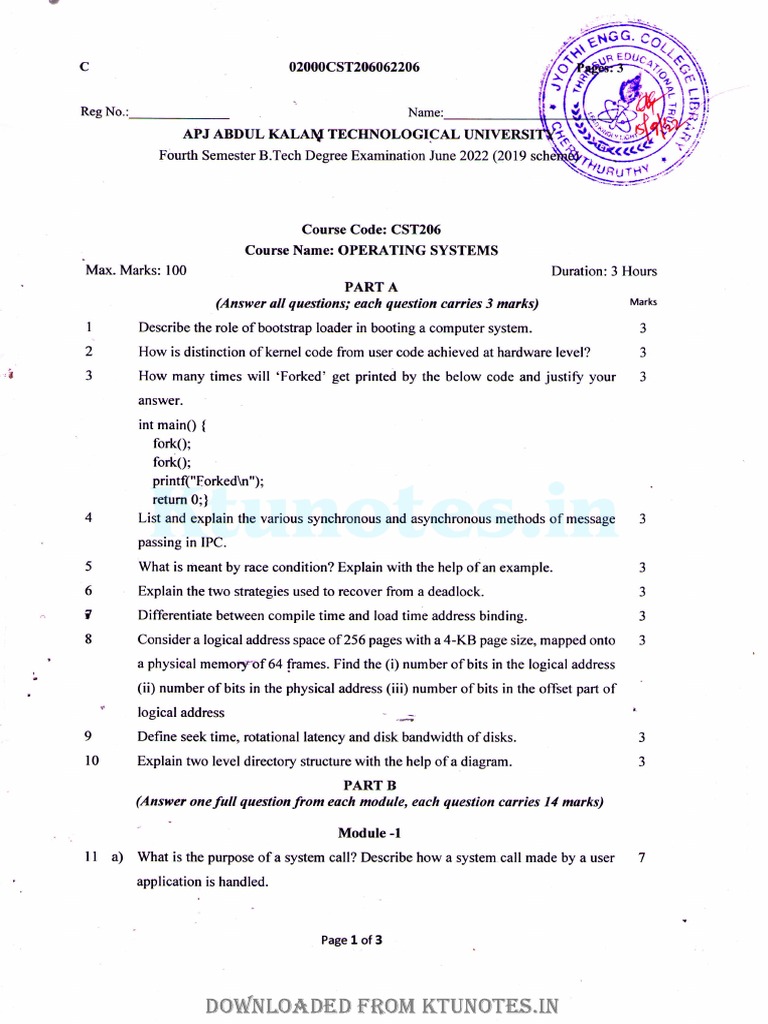 CST206 Operating Systems, June 2022 | PDF | Scheduling (Computing) | Concurrency (Computer Science)