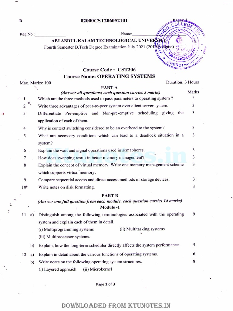 CST206 Operating Systems, July 2021 | PDF | Scheduling (Computing) | Operating System