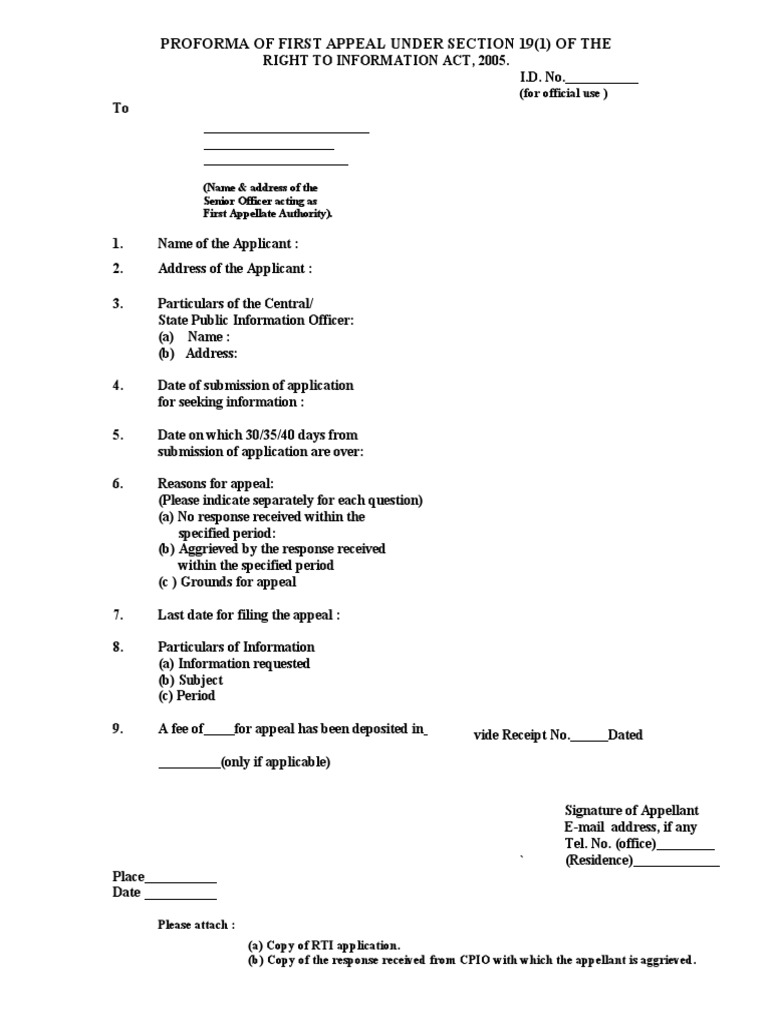 RTI Act First Appeal Template | PDF