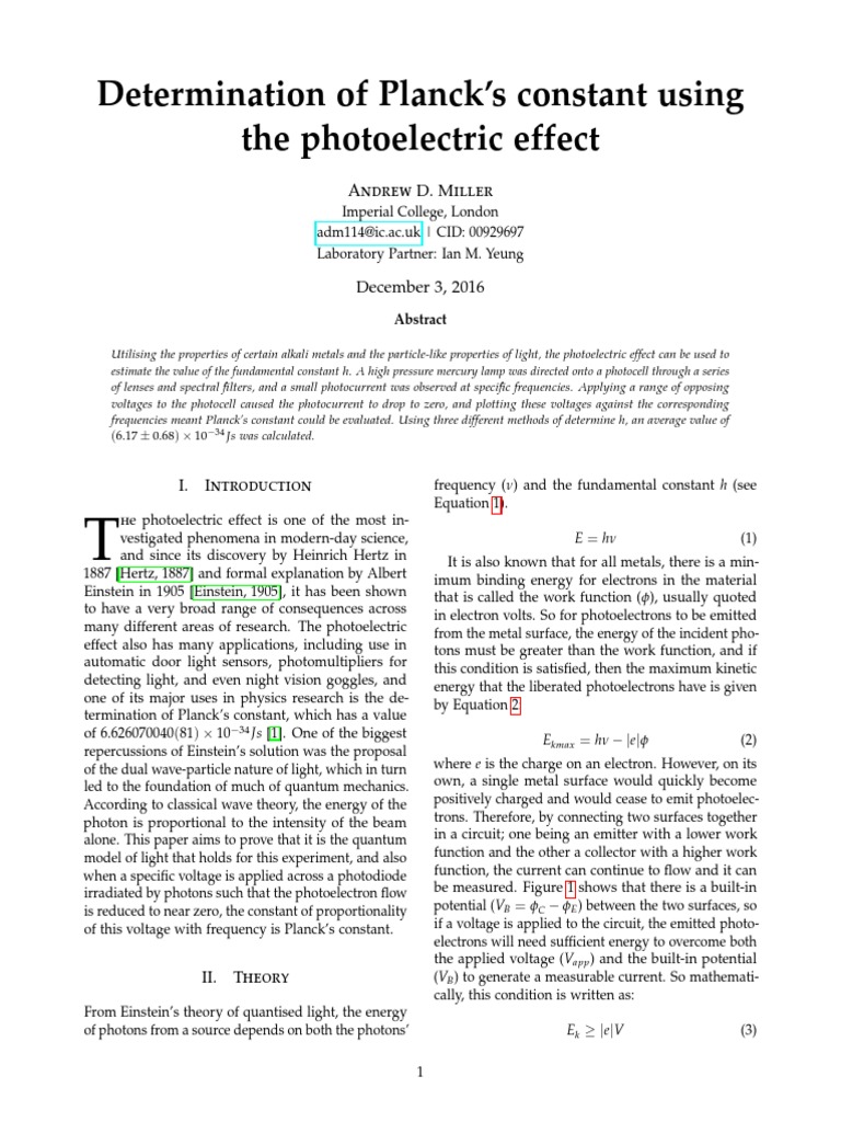Andrew 1016 Determination of Plancks Constant Using-Photoelectric-Effect | PDF | Science ...