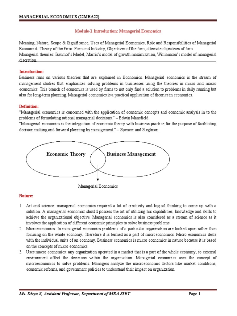 Economic Theory Business Management: Module-1 Introduction: Managerial ...