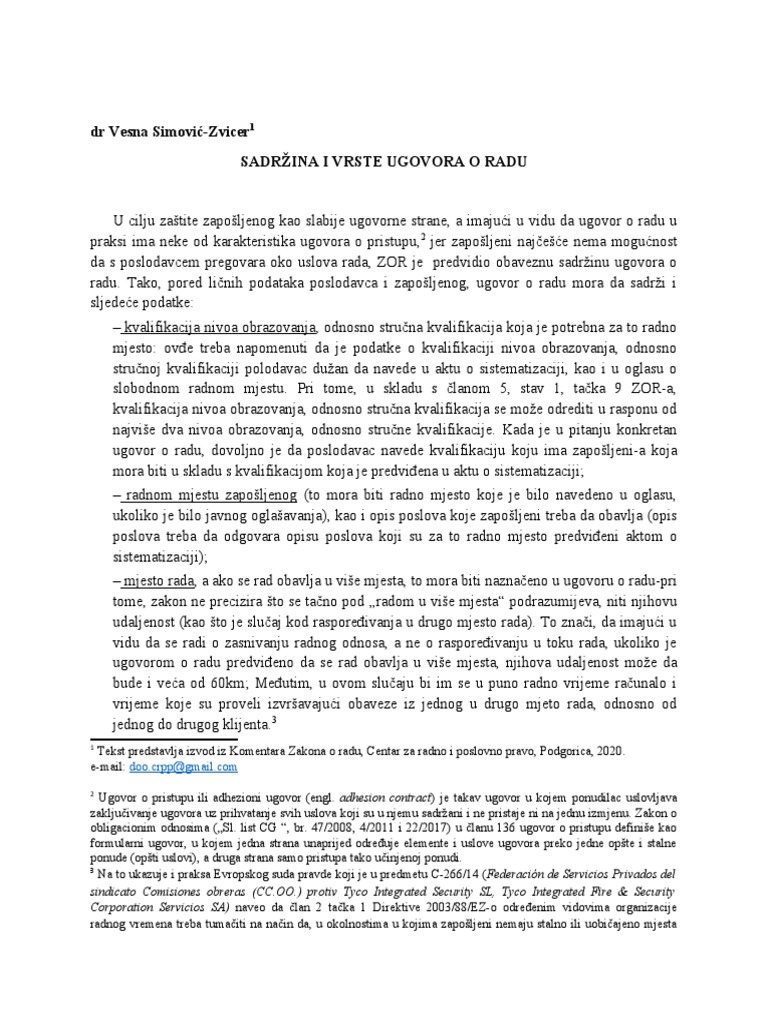 Sadrzina I Vrste Ugovora o Radu | PDF