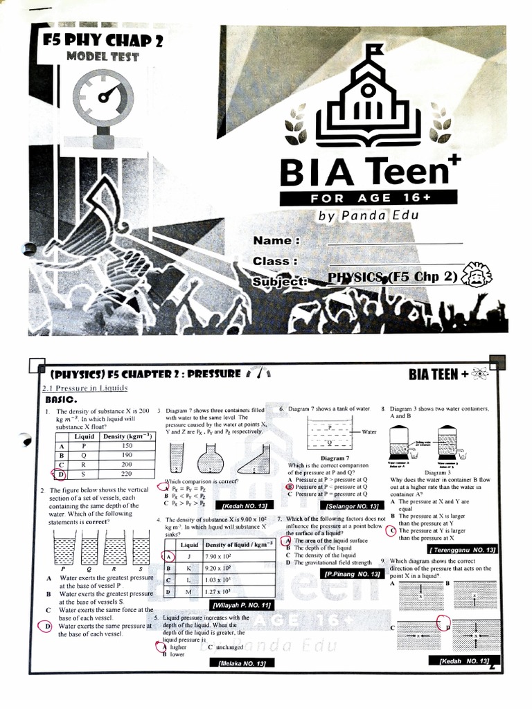 F5 PHY CHP 2 Model Test ANS | PDF