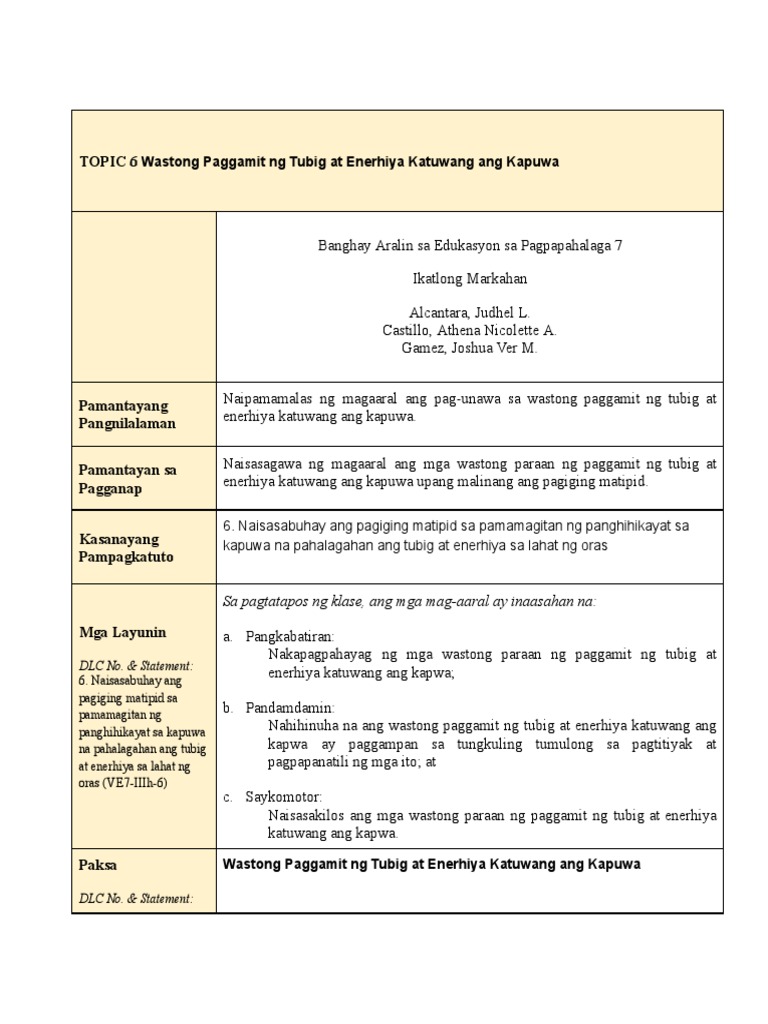 Topic 6: Wastong Paggamit NG Tubig at Enerhiya Katuwang Ang Kapuwa | PDF