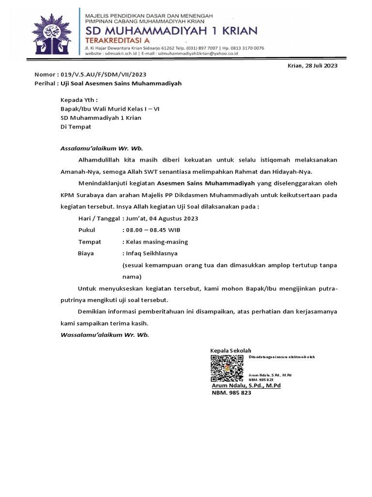 Surat Edaran Asesmen Sains Muhammadiyah | PDF