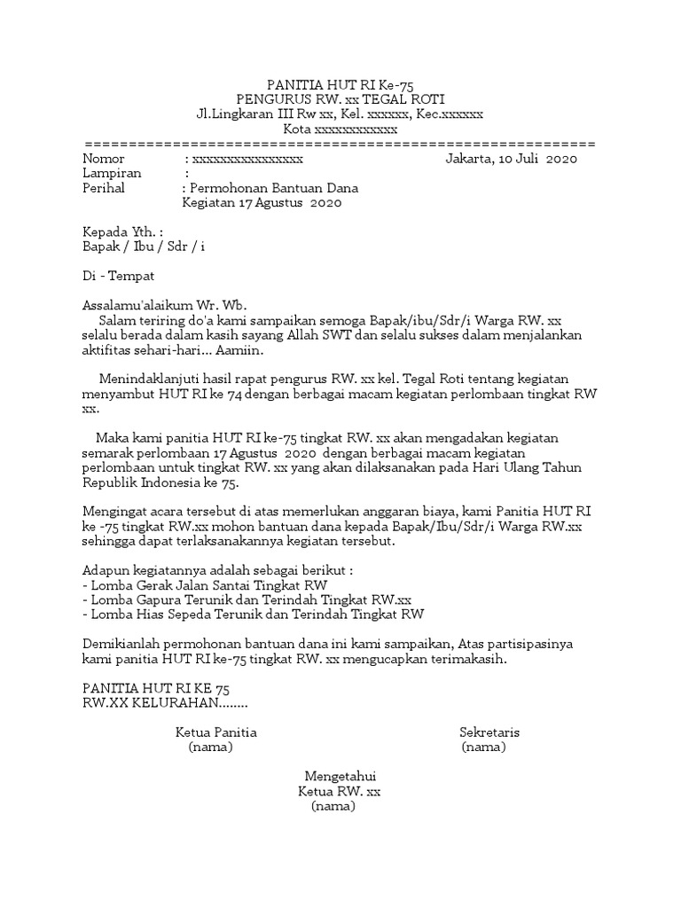 (Doc) Contoh Surat Bantuan Dana Kegiatan 17 Agustus | PDF