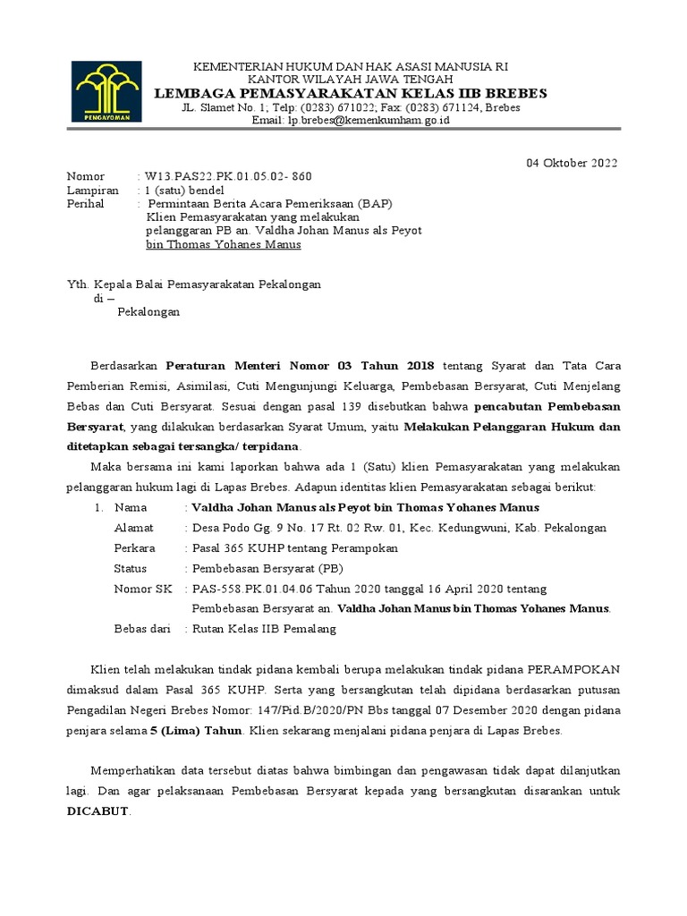 Surat Permintaan BAP Pencabutan PB | PDF