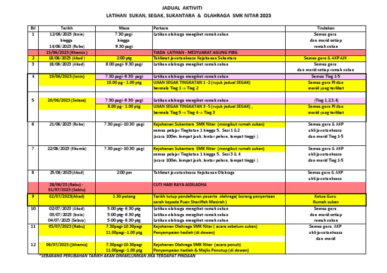 Terkini JADUAL AKTIVITI SUKAN SMK NITAR 2023 | PDF