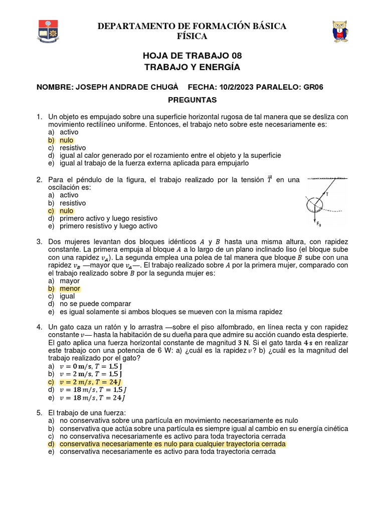 Hoja de Trabajo 11 - Trabajo y Energía | PDF | Ciencia y matemáticas