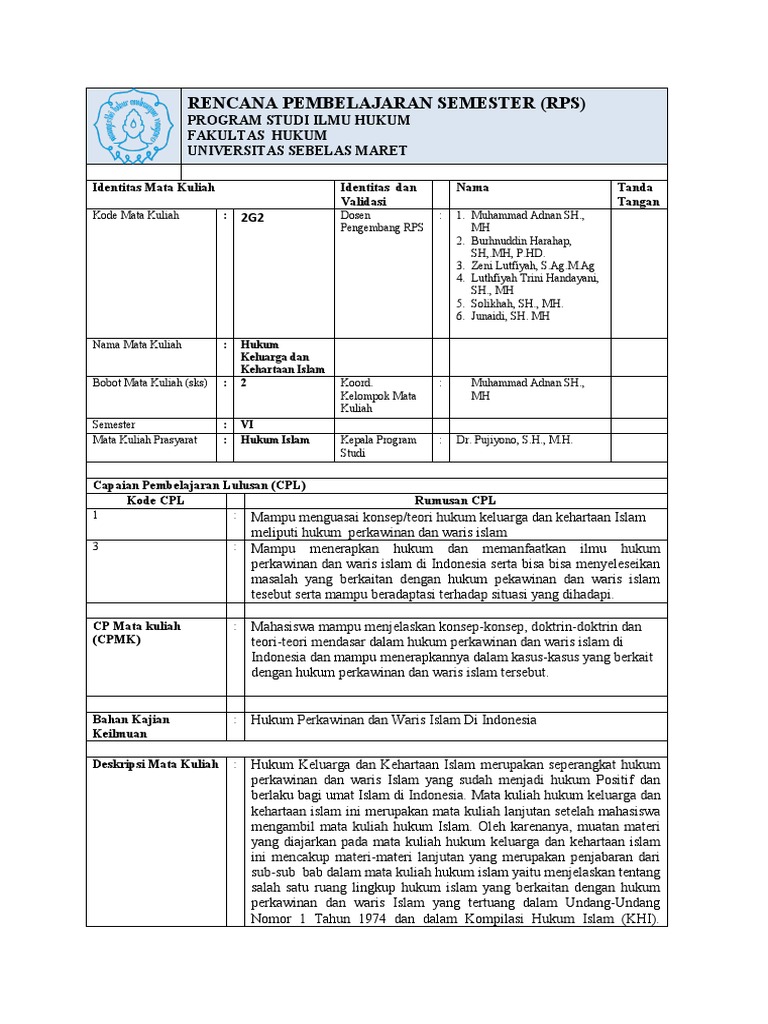 Rencana Pembelajaran Semester (RPS) : Program Studi Ilmu Hukum Fakultas ...