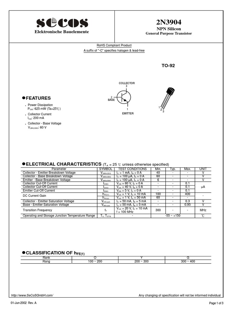 Secos 2N3904 | PDF | Bipolar Junction Transistor | Electrical Components