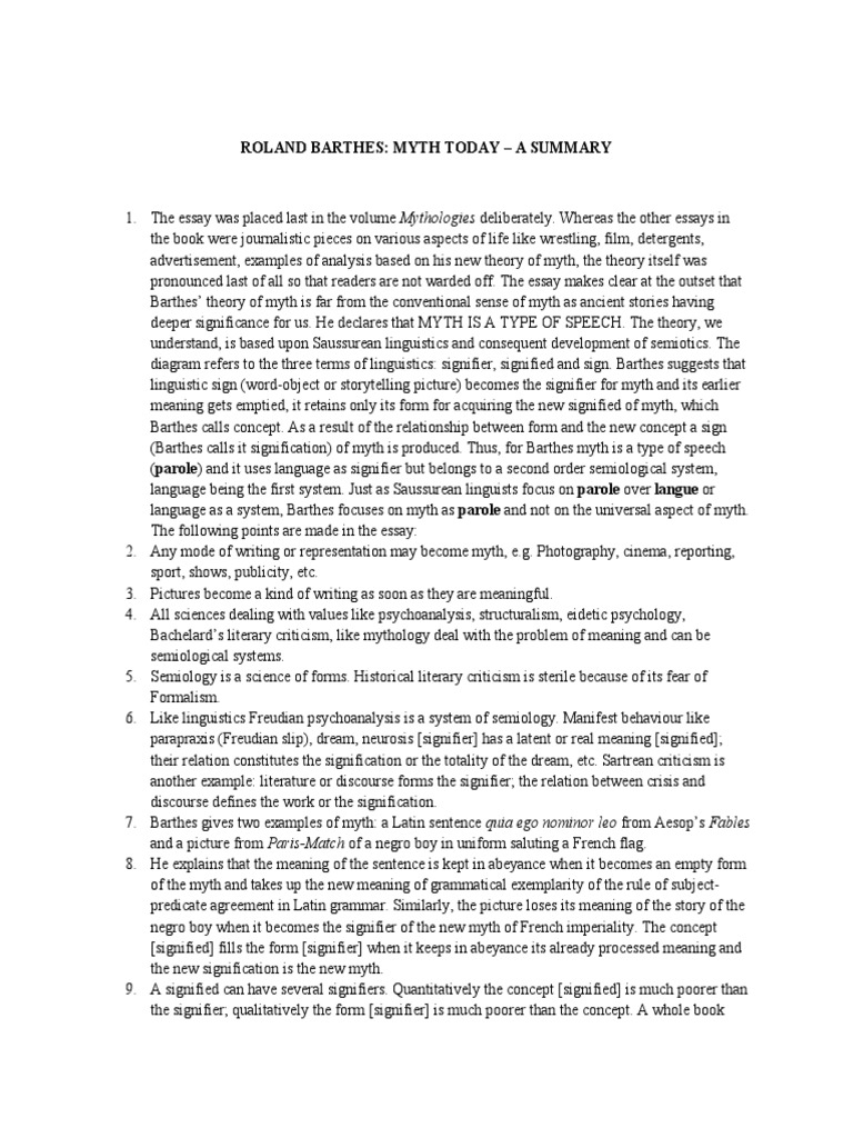 Myth Today Summary | PDF | Semiotics | Human Communication