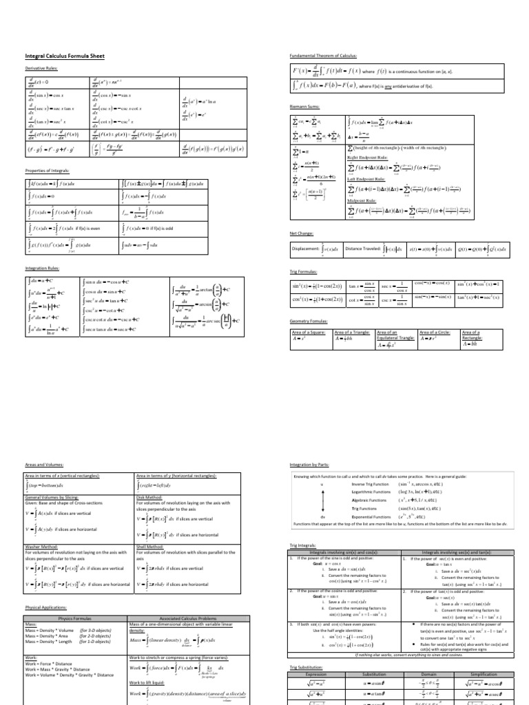 Integral Calculus Formula Sheet | Download Free PDF | Trigonometric Functions | Area