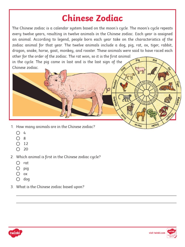 Third Grade Chinese Zodiac Reading Passage Comprehension Activity | PDF