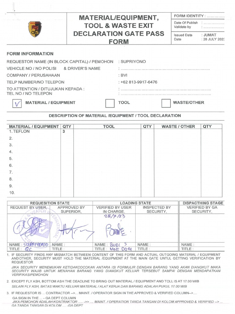 Material Exit Gate Pass-PT BVI | PDF
