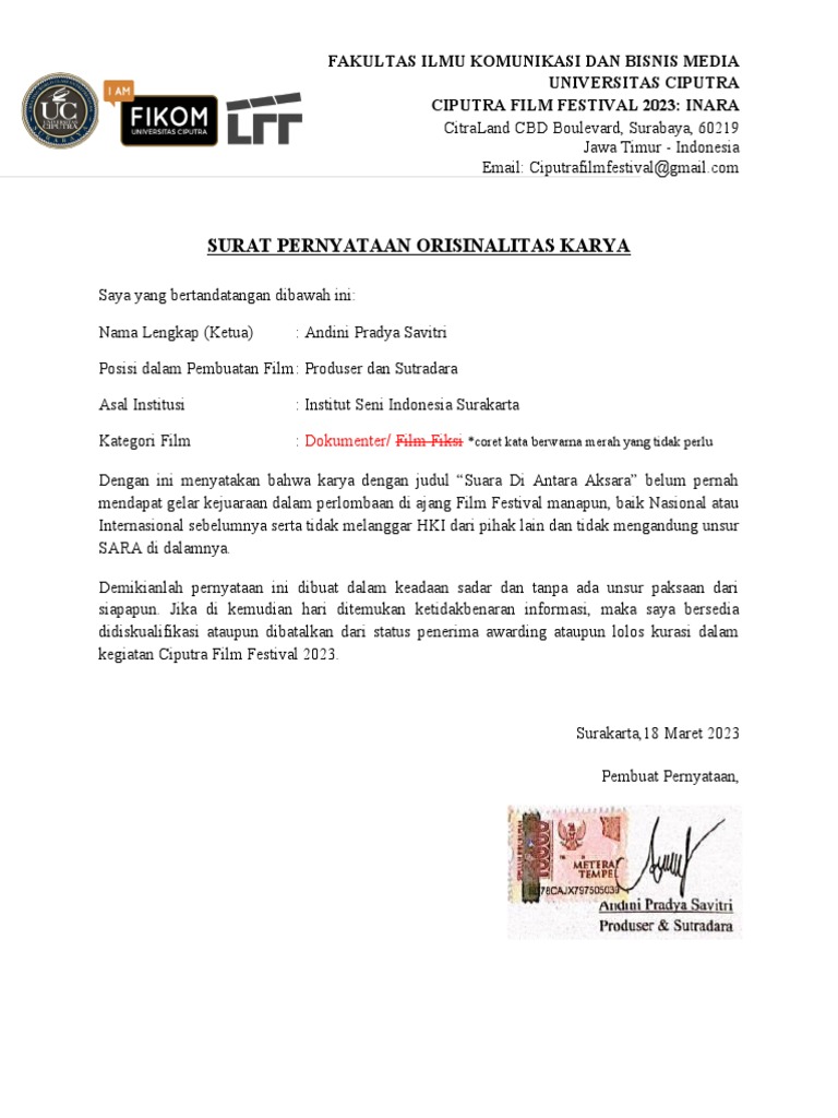 Surat Orisinalitas Karya | PDF