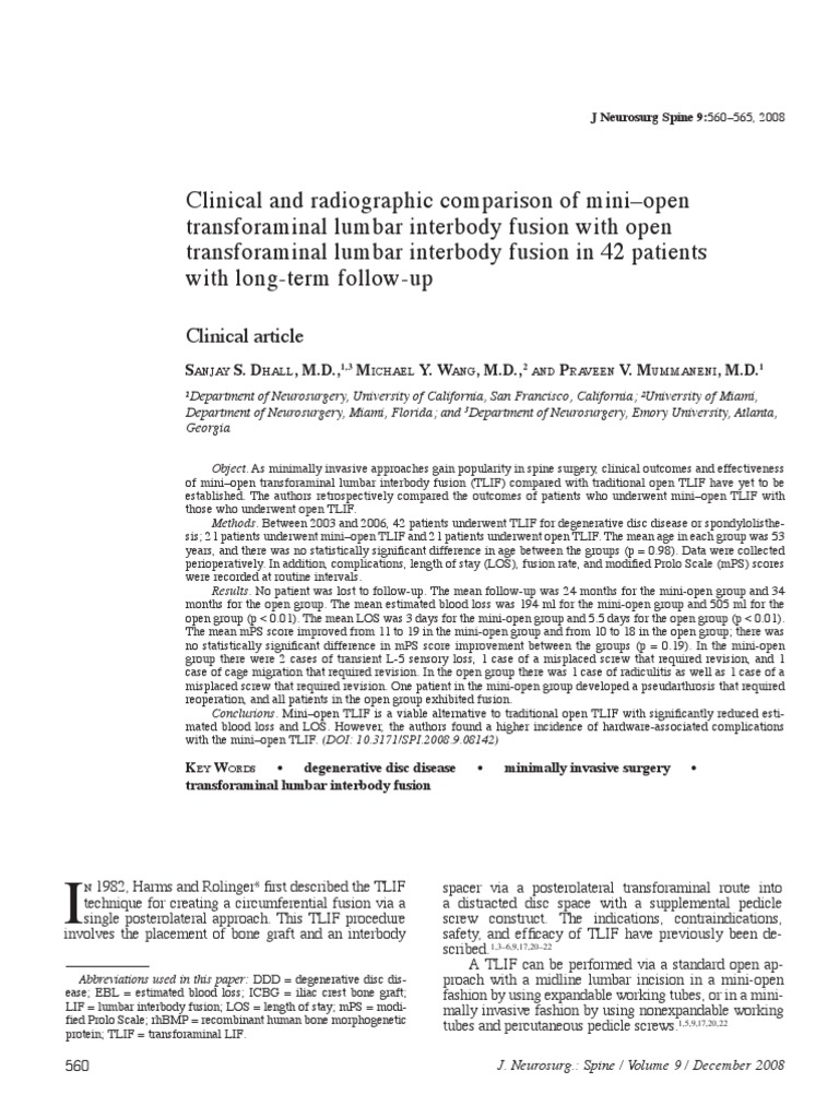 Comparasion Of Tlif Open And Mini Pdf Surgery Neurosurgery