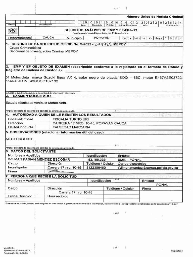 Solicitud de Experticio de Motocicleta 02634 | PDF